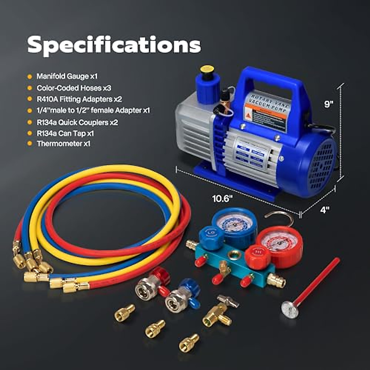 VIVOHOME 110V 1/4 HP 3.5CFM Single Stage Rotary Vane Air Vacuum Pump and AC Manifold Gauge Set Kit with Thermometer for R134a R12 R22 R502 R410a HVAC Air Conditioning Refrigeration Recharging