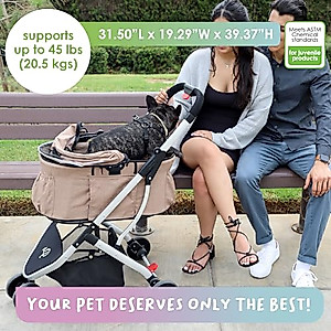 Petique 3-in-1 Newport Pet Stroller (Travel Carrier + Car Seat + Stroller), Easy Trifold/Unfold, 360º Front Rotating Wheel, Small/Medium Dogs, Cats and Pets, Supports up to 45LBS – Champagne (Beige)
