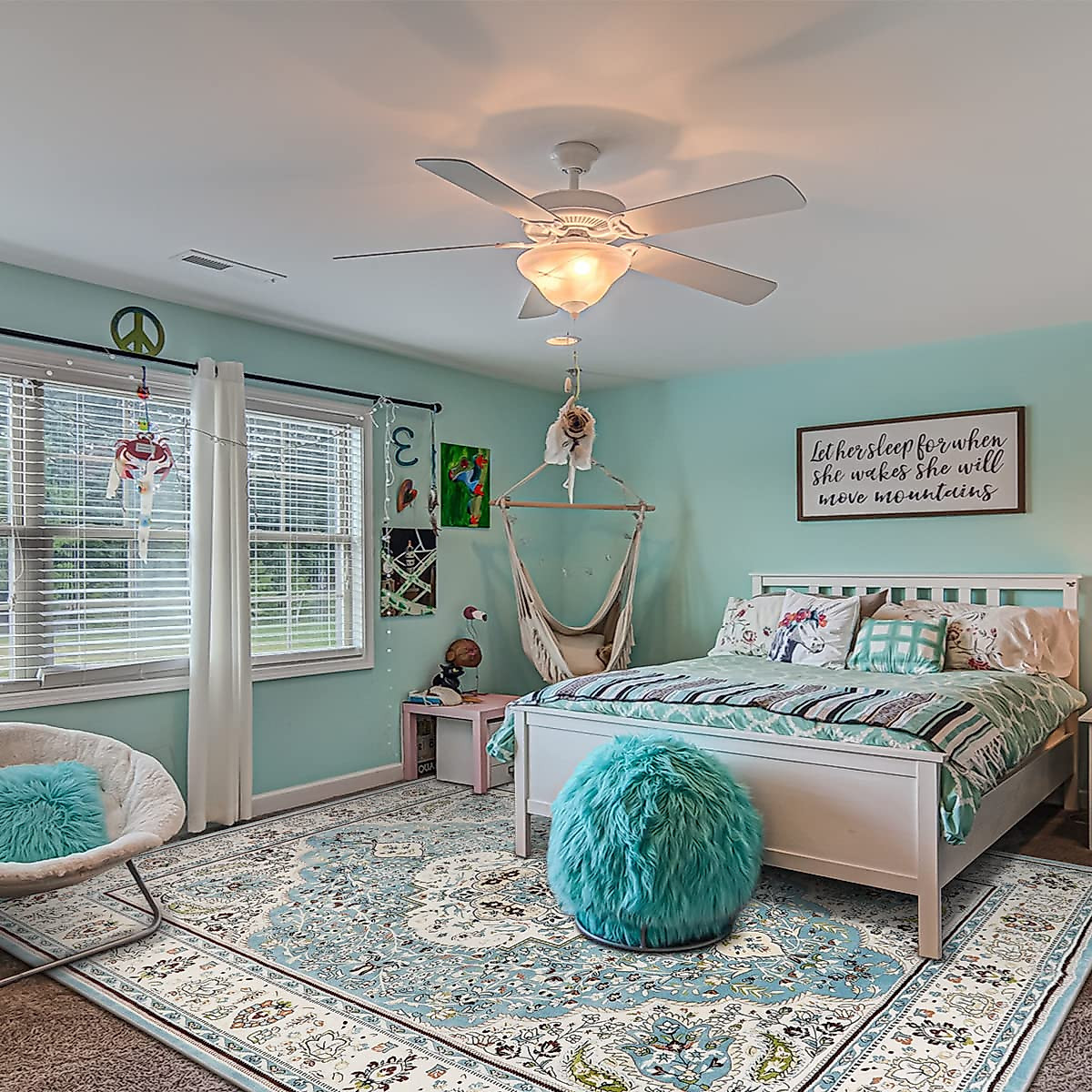 Lahome Floral Medallion Area Rug - 9x12 Large Living Room Rugs Soft Bedroom Rugs, Turkish Printed Non Slip Low Pile Indoor Throw Carpet for Dining Room Playroom Basement, Sky/Baby Blue