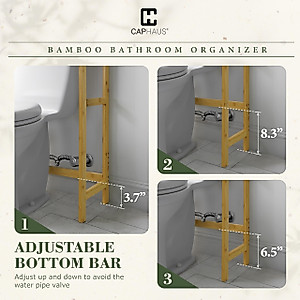 CAPHAUS Bamboo Over The Toilet Storage, Behind Toilet Bathroom Shelf Rack with Hooks & Adjustable Feet, 24-Inch Freestanding Toilet Shelf, Bathroom & Laundry Organizer, Balcony Plant Stand, White