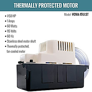 Little Giant VCMA-15ULST 115 Volt, 65 GPH, 1/50 HP Automatic Condensate Removal Pump with Safety Switch and Tubing, Black/White, 554415