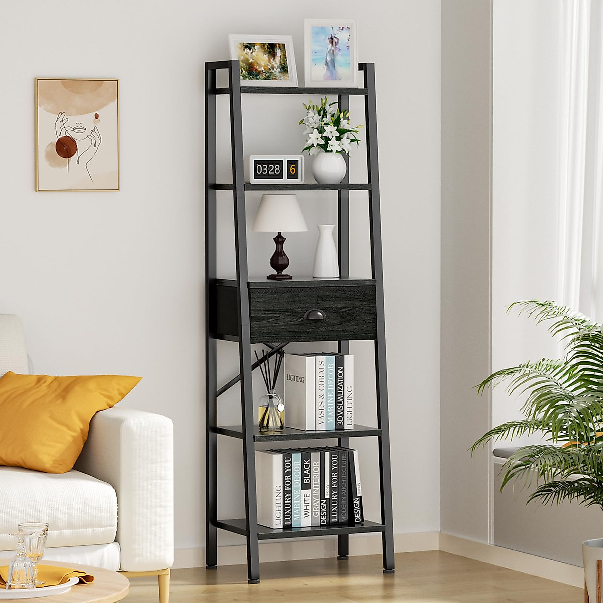 Furologee 5 Tier Bookshelf, Ladder Shelf with Drawer, Tall Bookcase Corner Shelf, Narrow Shelf Industrial Display Standing Units for Home Office, Living Room, Bedroom, Kitchen, Black Oak