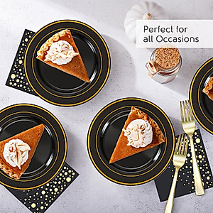 Stylish 7.5 Inch Gold and Black Cake Plates with Disposable Forks and Cocktail Napkins (100 Set of Each) - Small Appetizer Plates, Disposable Cake Plates or Salad Plate - Black Plastic Dessert Plates