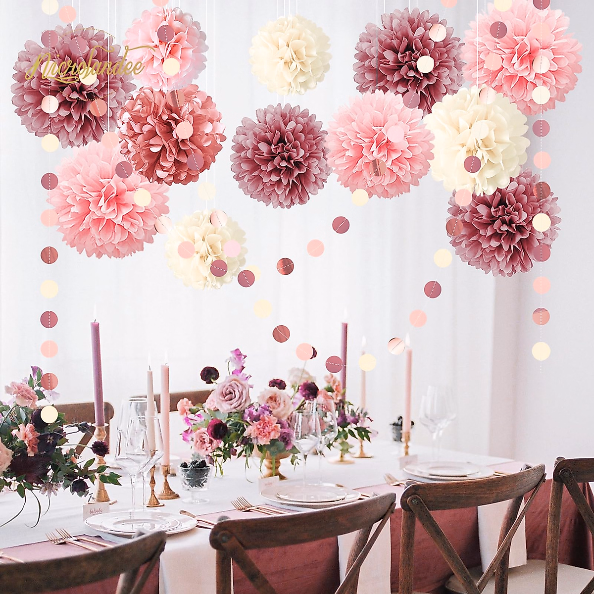 NICROLANDEE 15PCS Dusty Rose Blush Pink Tissue Pom Poms Flowers for Wedding, Bridal Shower, Sweet Birthday, Baby Shower, Engagement, Bachelorettes, Valentine Pink Party Decorations Paper Garland