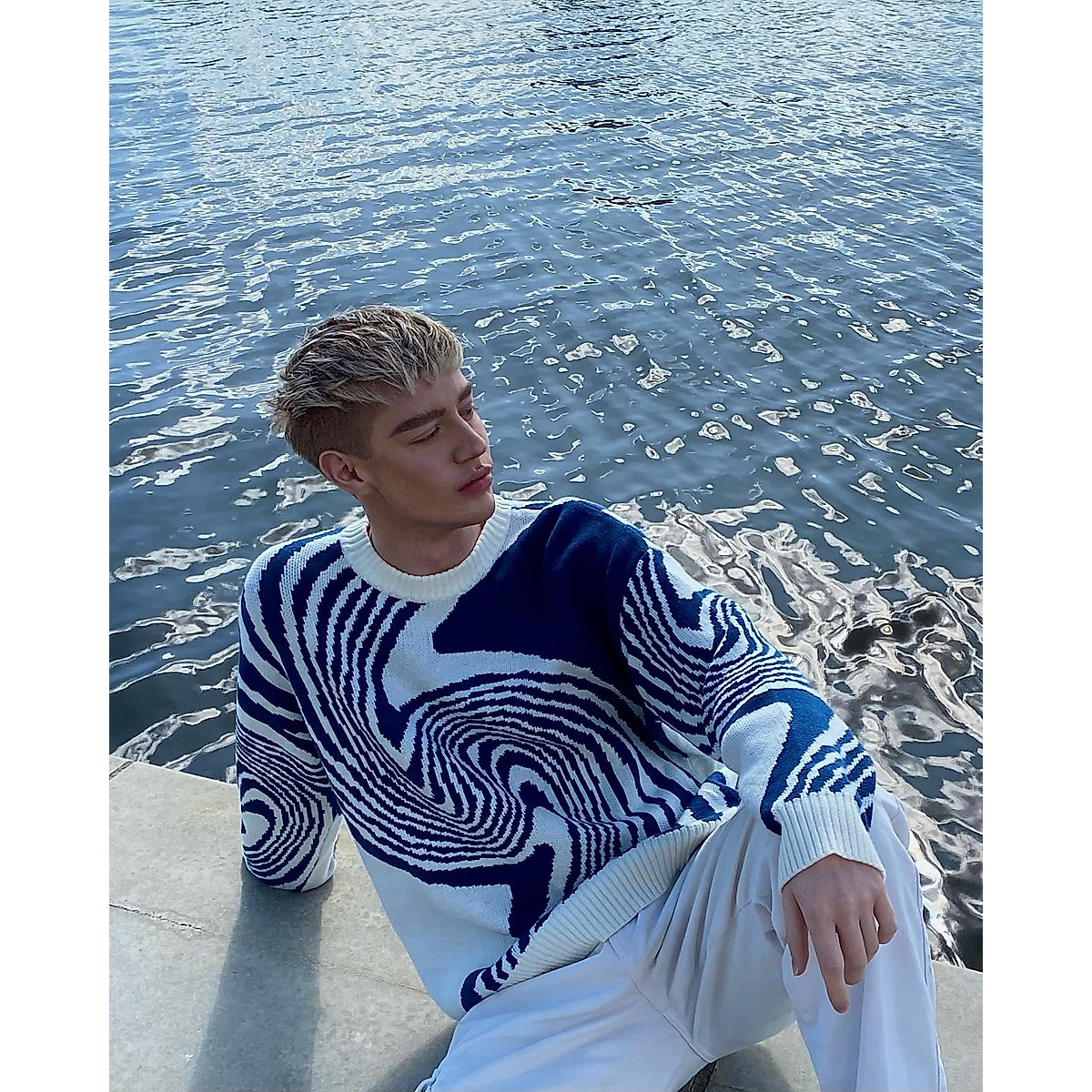 Aelfric Eden Oversized Graphic Sweater Color Block Knitted Pullover Crewneck Casual Streetwear Sweaters Blue