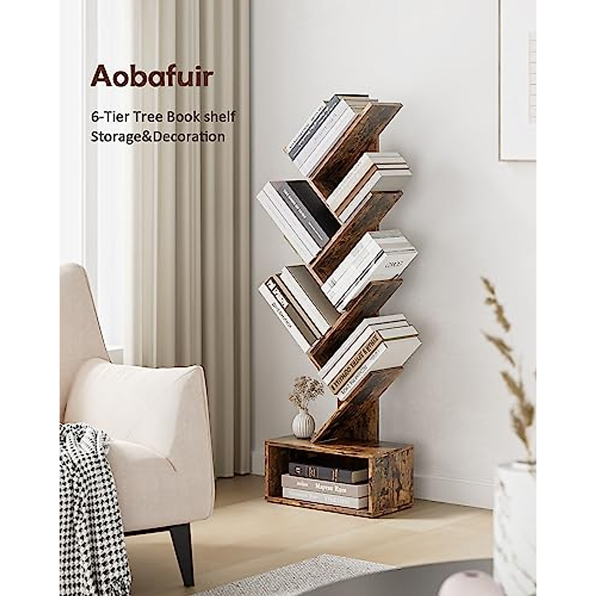 Aobafuir 6-Tier Tree Book Shelf, Open Side Standing Bookcase Shelf, Wooden Bookshelves Storage Rack for CD/Book, Utility Organizer Shelves for Living Room,Bedroom, Rustic Brown
