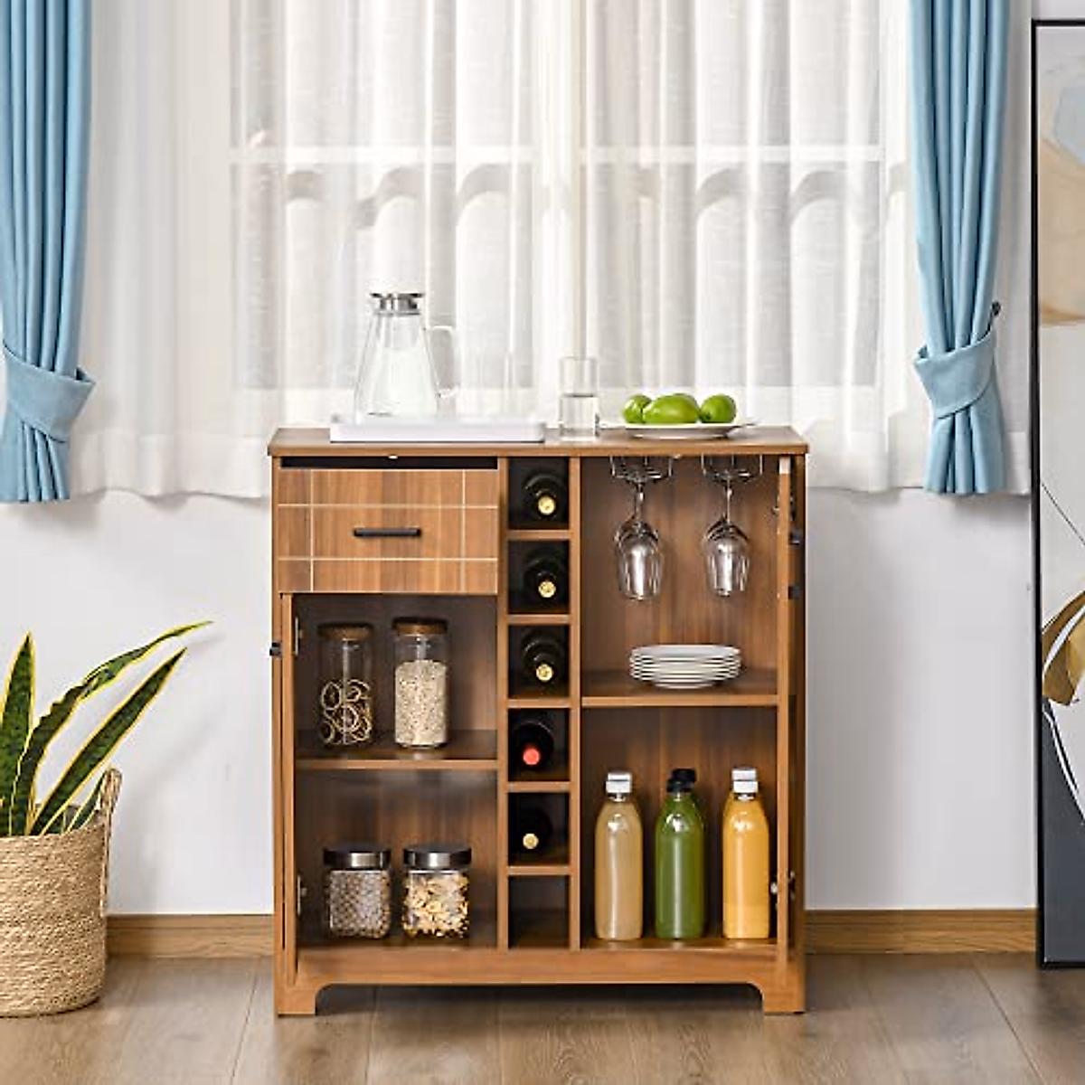 HOMCOM Retro Wine Cabinet for 6 Bottles, Wine Rack Sideboard Serving Bar with Glass Holders and 1 Drawer, Brown