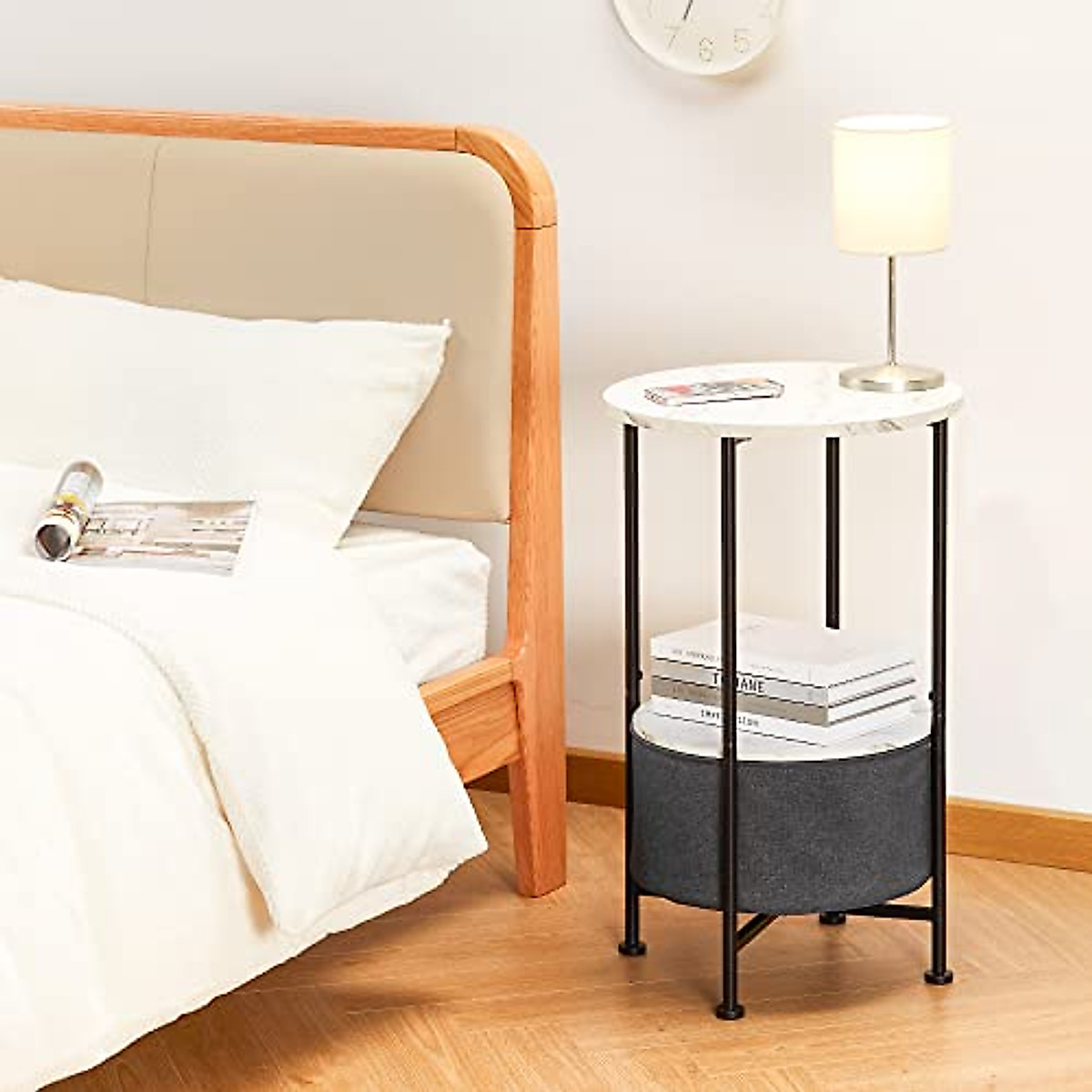 LEMONDA 26" High Marble White Round End Table with Storage,Small 2 Tiers Round Side Table with Basket for Living Room Bedroom,Round Sofa Table Nightstand Bedside Table for Small Spaces