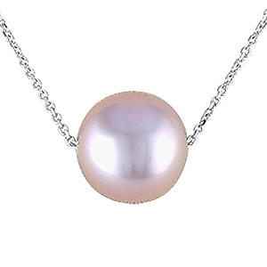 14K White Gold & Single 10.5mm-11mm AAAA Round Freshwater Cultured Pearl Pendant Necklace on 16"-17"-18" Adjustable Cable Chain - Baby Pink