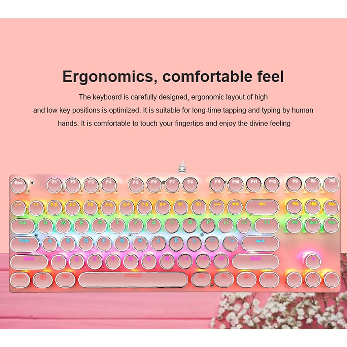 Mechanical Gaming Keyboard and Mouse Combo, 87 Key Retro Punk Typewriter-Style,Blue Switch RGB Rainbow Backlit Keyboard,Cool Breathing Light Lightweight Gaming Mouse for Game and Office,Pink