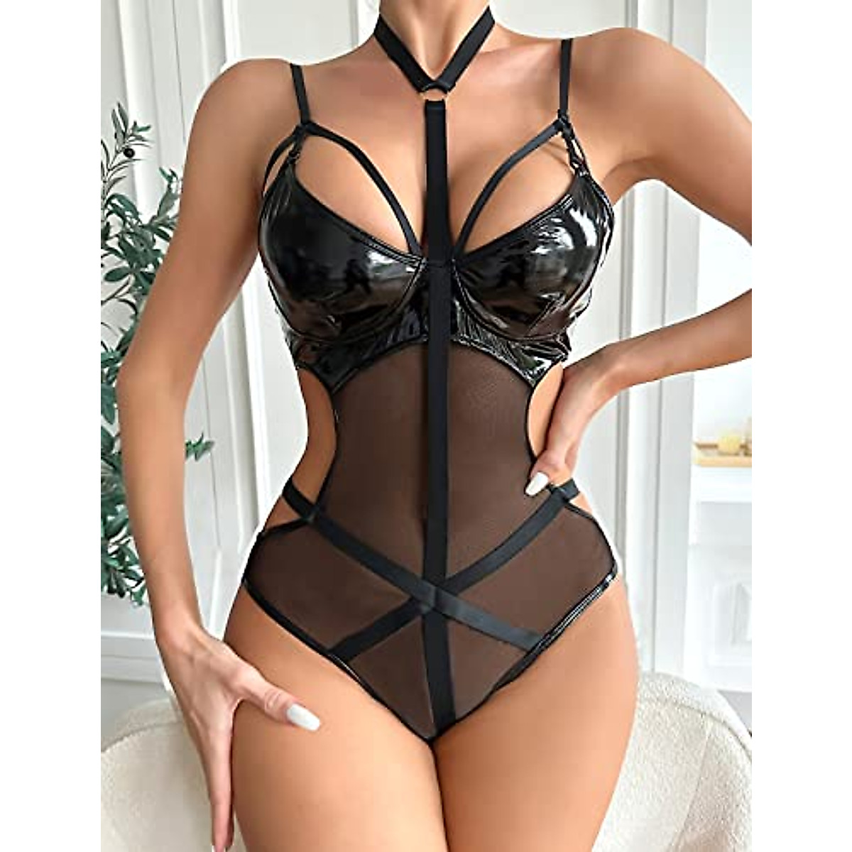 Sxglamr Women Wetlook Leather One Piece Lingerie Lace Teddy Corset Bodysuit Clubwear