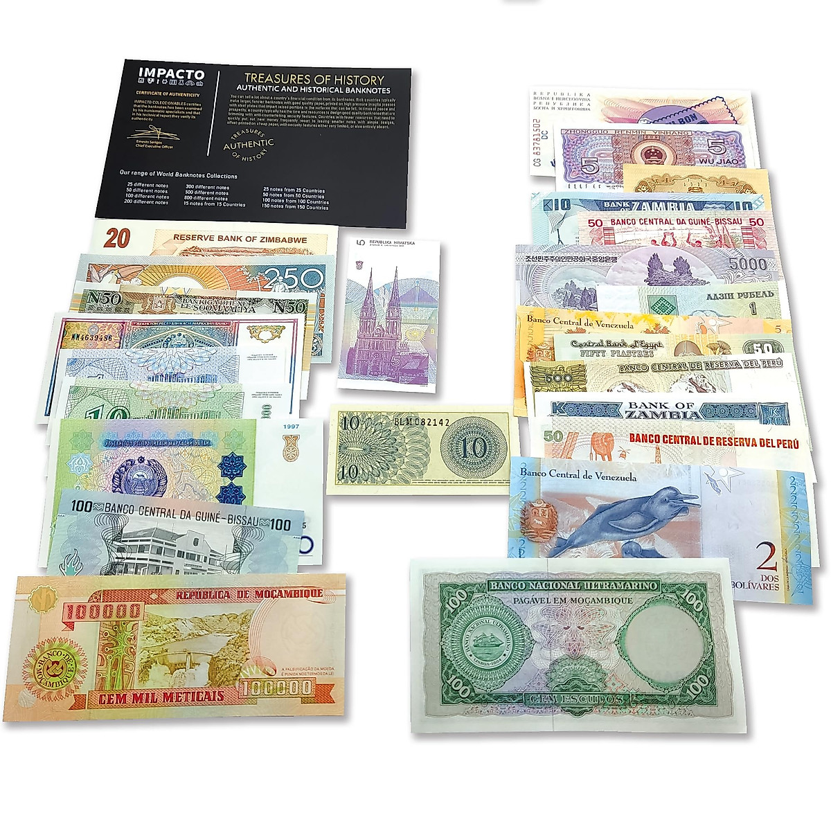 IMPACTO COLECCIONABLES Foreign Currency Collection - 25 Different World Currency Banknotes - Collectible Currency Foreign - Old World Currency Collection - Banknotes Collection (COA Included)