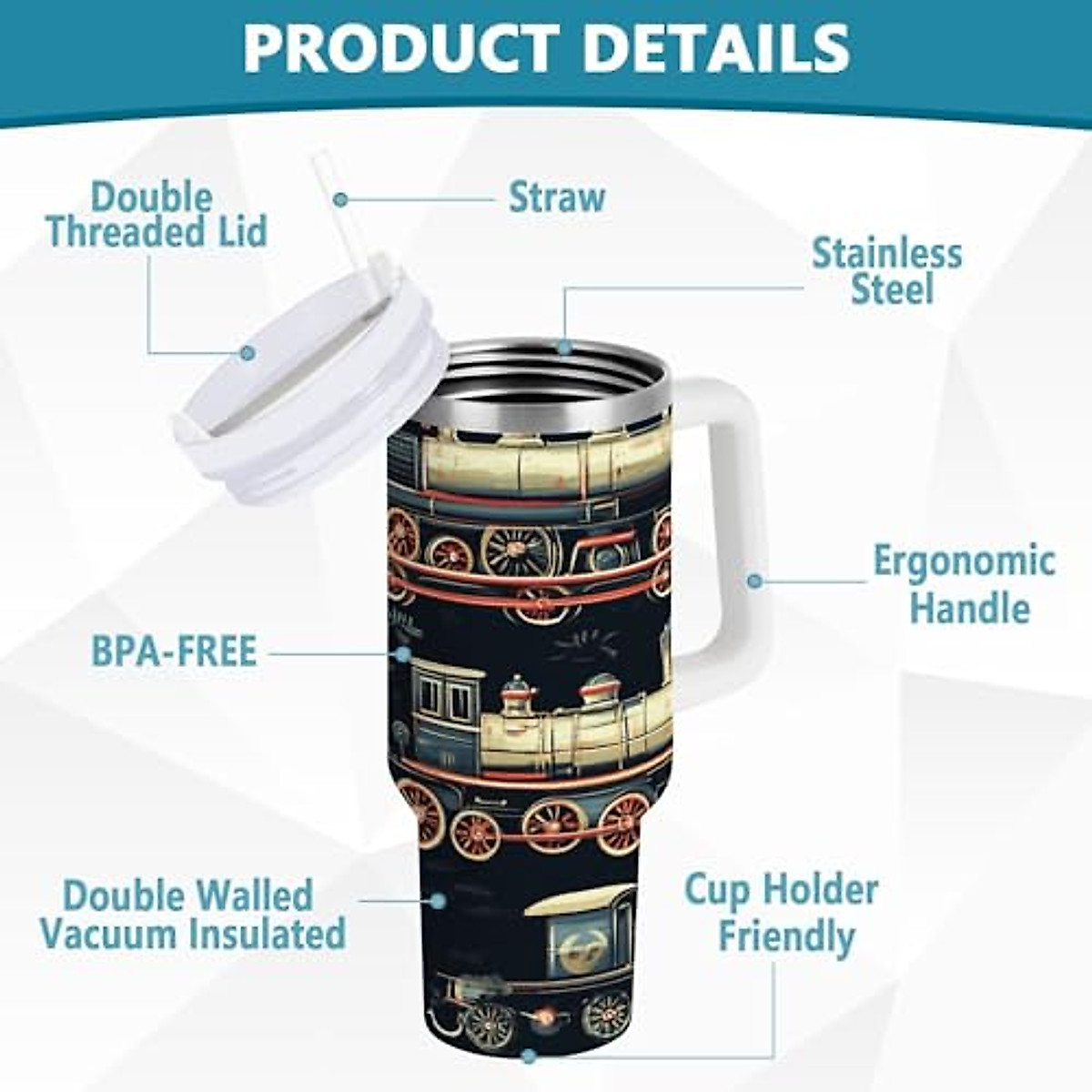 ARGTILDN Steam Train 40 oz Tumbler Insulated Travel Mug with Handle and Straw Lid Vintage Car Stainless Steel Vacuum Coffee Cup Tea Beverage Container Water Bottles for Car Sports office