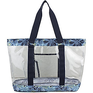Eastsport Clear Deluxe Tote Bag with FREE Wristlet, Durable, See-Through, Transparent, Zipper Closure, Perfect for Work, Sporting Events, School and Concerts - Blue Floral