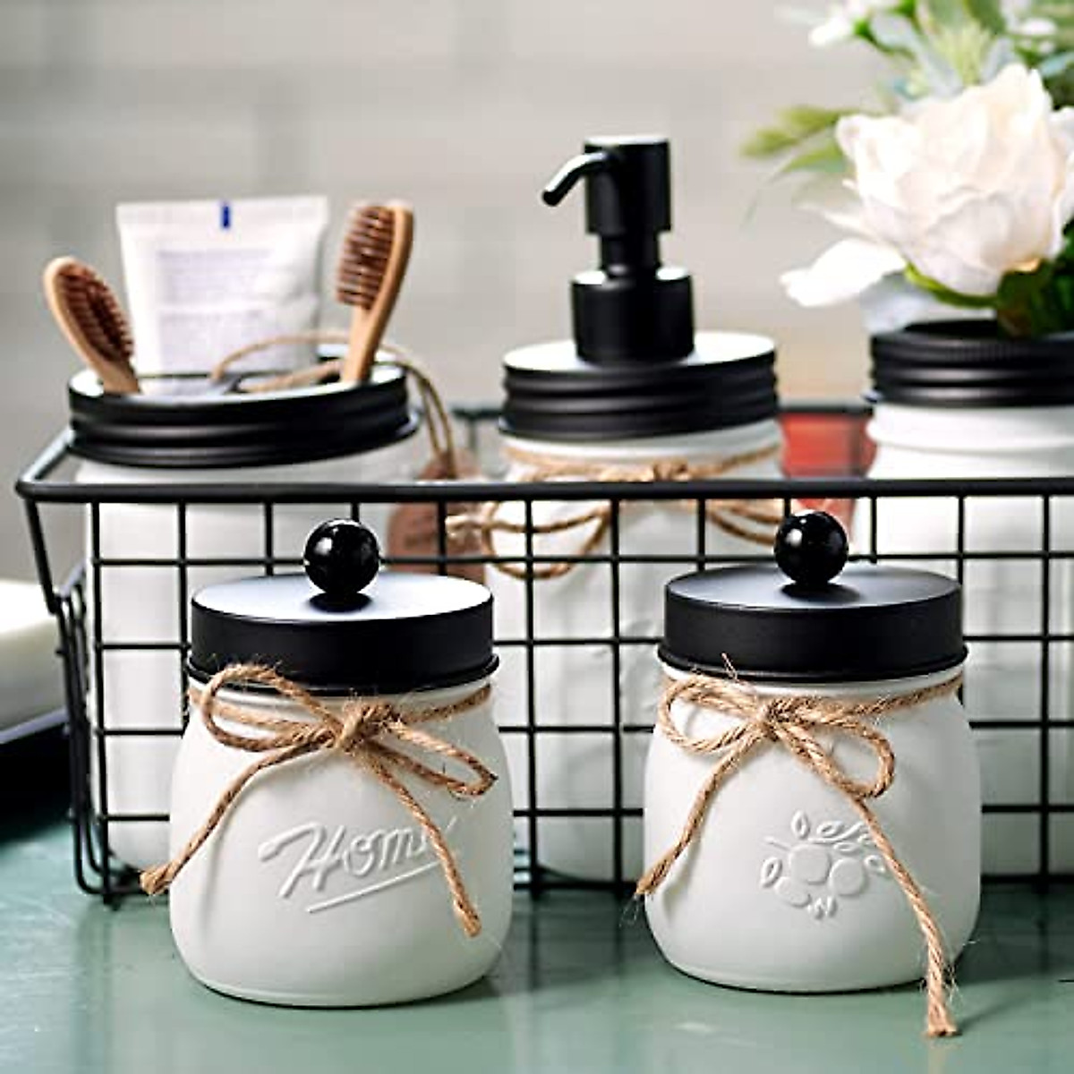 Mason Jar Bathroom Accessories Set (4 Pack)—White Retro Mason Jar Lotion Soap Dispenser & 2 Apothecary Jars & Toothbrush Holder- Rustic Farmhouse Restroom, Bathroom Decor Countertop Organizer (Black)
