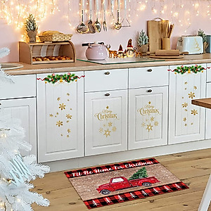 Arts Print Buffalo Plaid Kitchen Rug Mat Set of 2,Christmas Red Truck with Christmas Tree Retro Wood Grain Runner Rug,Non-Slip Durable Kitchen Floor Mat for Sink,Bathroom,15.7x23.6Inch+15.7x47.2Inch