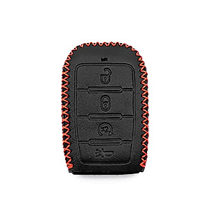 MJKEYAuto Black Leather 4 5 6 Buttons Smart Remote Key Fob Cover Chain Case for Ram 1500 2019 2020 2021 2022 2023 OHT-4882056 (4 Buttons)