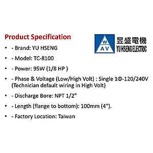 1/8 HP Lathe BandSaw Machinery Circulation Coolant Pump, Immersion Length 100mm(4"), NPT 1/2" thread, Single 1 Phase 120/240V