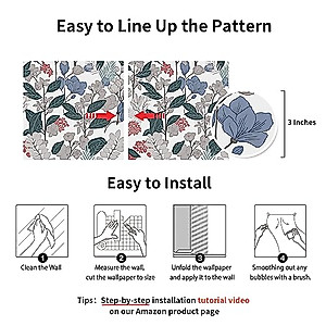 Floral Peel and Stick Wallpaper Boho Easy Peel off Wallpaper Blue Magnolia/Red Hydrangea/Grey Removable Bedroom Contact Paper Renter Friendly Self Adhesive Wallpaper with Knife Tape Measure 17.3"X118"