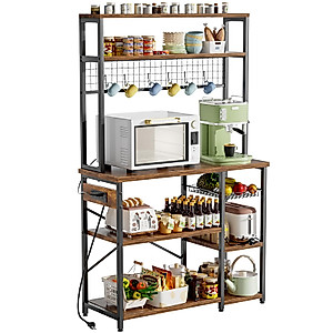 ROOMTEC Baker's Rack with Power Outlet, Microwave Stand with Storage, Kitchen Free Standing Baker Racks and Shelves with 6 S-Shaped Hooks