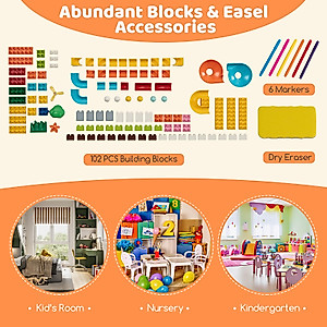 Costzon 6-in-1 Kids Table & Chair Set, Folding Art Easel w/Markers, Eraser, 102 Pcs Compatible Bricks, Reversible Building Block Tabletop, Storage Space & Baskets, Activity Table for Sand & Water