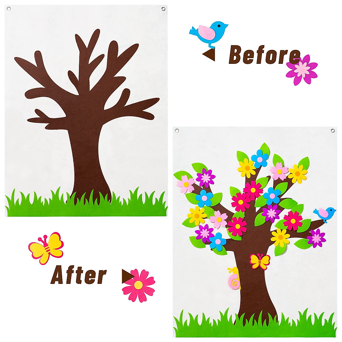 WATINC 49Pcs DIY Spring Tree Felt Board Craft Kit, Flower Leaf Butterfly Snail Bird Detachable Ornaments Spring Party Decoration for Kids, Activity Creative Game Wall Hanging Decor for Home Classroom