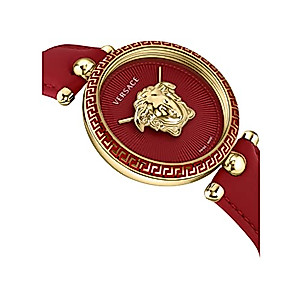 Versace Womens Gold Tone Swiss Made Watch. Palazzo Empire Collection. High Fashion Adjustable Red Leather Strap with Red Dial. Feautring Bold 3D Medusa Head.