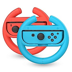 TalkWorks Steering Wheel Controller for Nintendo Switch (2 Pack) - Racing Games Accessories Joy Con Controller Grip for Mario Kart, Blue/Red Combo