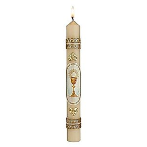 First Holy Communion Hand Decorated Taper Candle with Chalice and Host Design, Catholic Gifts for Girls and Boys, Tall Candles, Cirio para Primera Comunion, 11.25 Inches