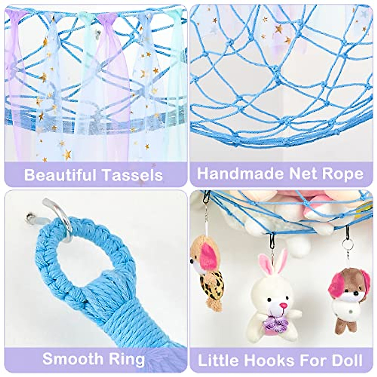 Basumee Stuffed Animals Net Or Hammock Wall Mounted Stuffed Animals Storage Display Plush Toy Storage With Tassels For Nursery Playroom Kids Room Decor