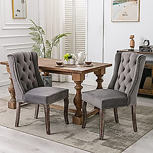 Dining Chairs Set of 2, Velvet Upholstered Wingback Dining Chair with Button Tufted Decoration, Nailhead Trim and Wooden Legs, Dining Kitchen Vintage Style Side Chair