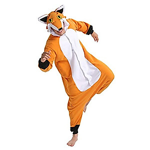 dressfan Animal Fox Onesie Fox Costume Cosplay Costume Fox Pajamas One Piece Sleepwear Orange for Unisex Adults Teens Kids