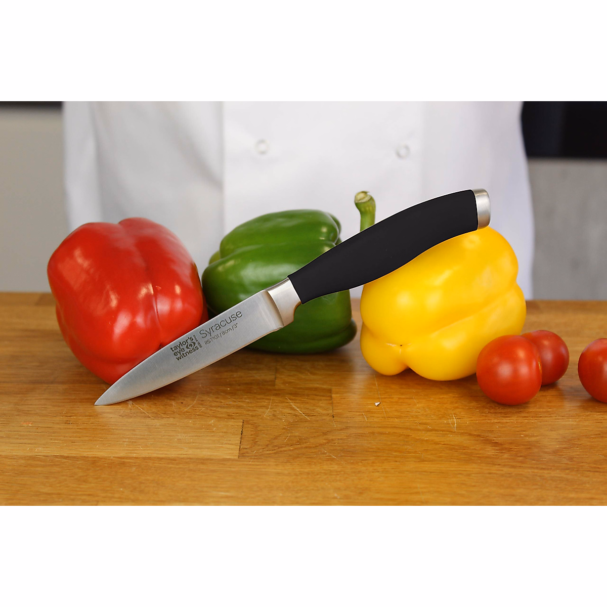 Taylors Eye Witness Syracuse Vegetable Paring Kitchen Knife - Professional 8cm/3.5” Cutting Edge, Multi Use. Ultra Fine Blade, Precision Ground Razor Sharp. Soft Textured Grip Matte Black Handle.