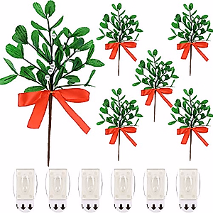 WILLBOND 6 Pieces Artificial Mistletoe Picks Christmas Fake Mistletoe Branches with Red Bow and 6 Pieces Sticky Hooks Adhesive Wall Hanging Hooks for Christmas Party Decor