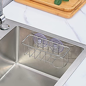 TESOT Sink Caddy Sponge Holder Brush Holder 2 in 1 with Upgraded Suction Cups or Using Adhesive Hooks, SUS304 Stainless Steel, Silver