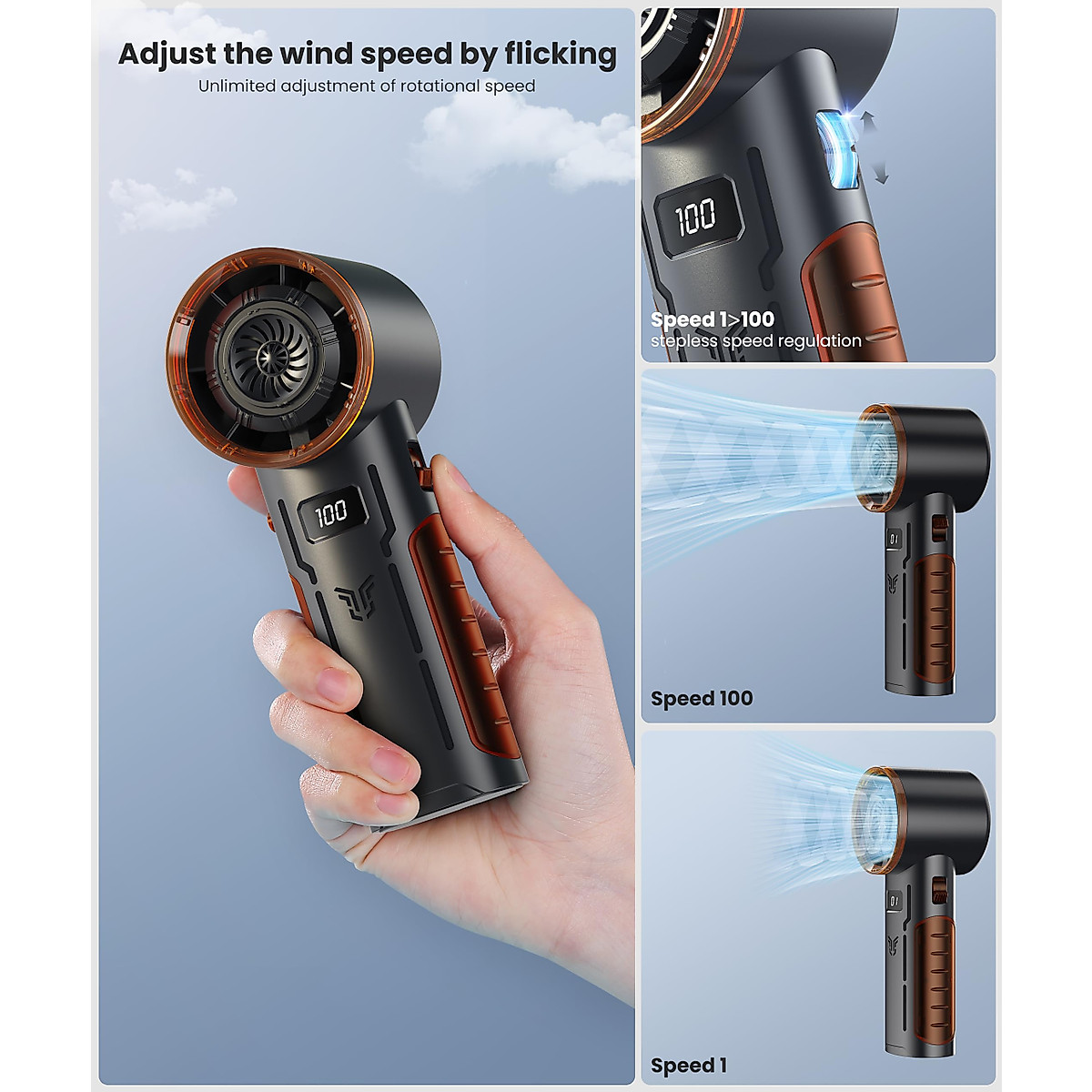 HonHey Portable Handheld Fan Mini Turbo Fan with Adjustable 1-100 Speeds, 4000mAh Battery Operated Fan, Digital Display, High Speed Personal Fan for Travel Climbing Commute Wedding Office (Black)