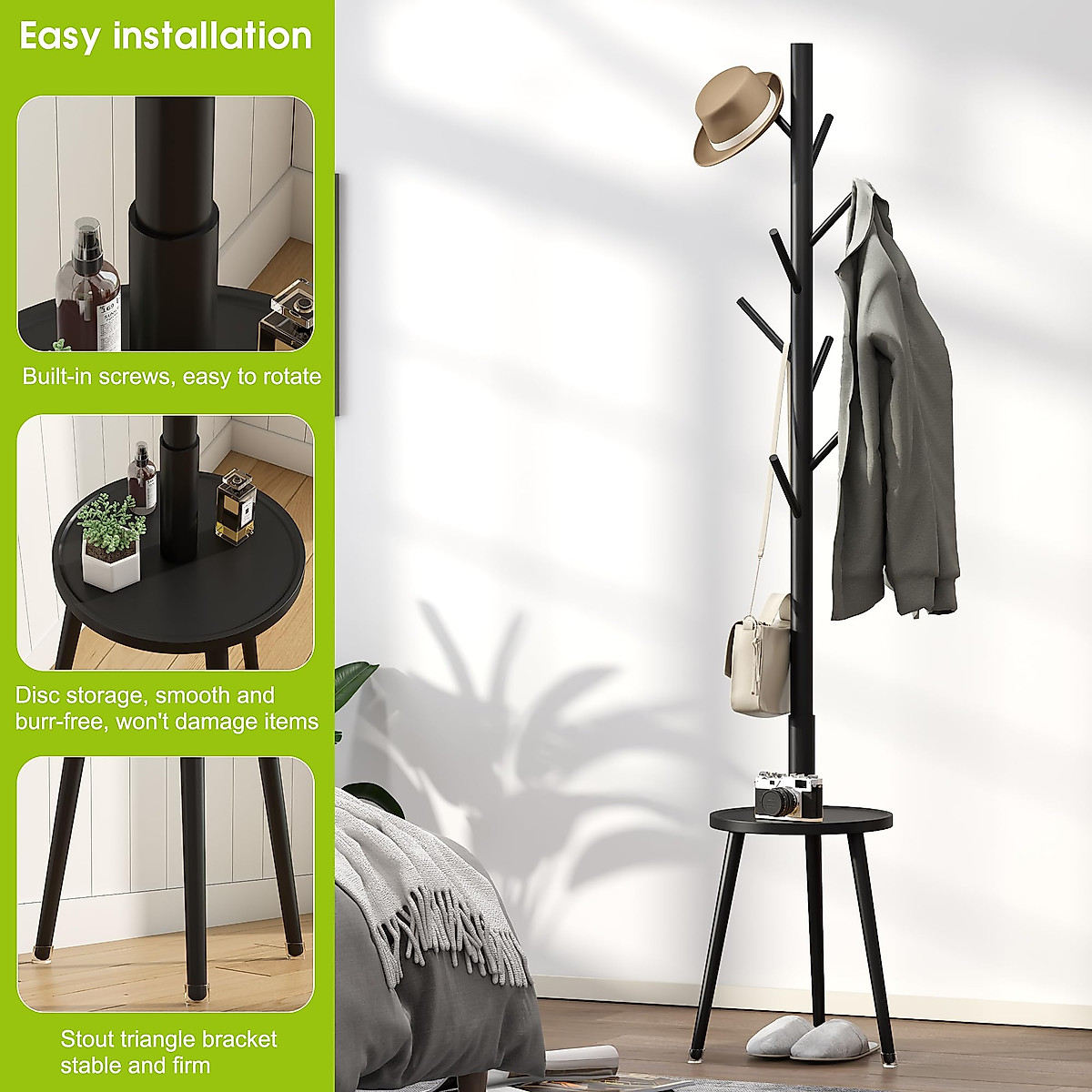 BMOSU Coat Rack freestanding Stand with Shelf Bamboo Wooden Coat Tree Easy Assembly 8 Hooks Standing Jackets Hanger Hallway Office Floor Coat Stand Black