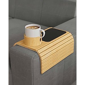 BS-VOG Couch Cup Holder, Bamboo Couch Arm Tray with 360° Rotating Drink Holder, Foldable Anti-slip Couch Arm Table, Sofa Armrest Tray Clip on Wide Couches for Eating, Snacks, Remote, No Installation