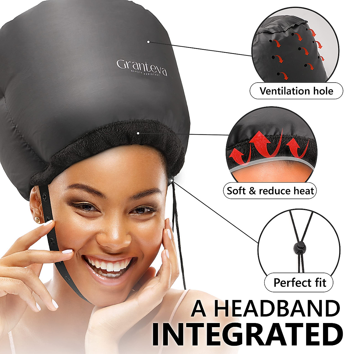 Hooded Hair Dryer w/A Headband Integrated That Reduces Heat Around Ears & Neck - Hair Dryer Hooded Diffuser Cap for Curly, Speeds Up Drying Time, Safety Deep Conditioning At Home - Portable, Large
