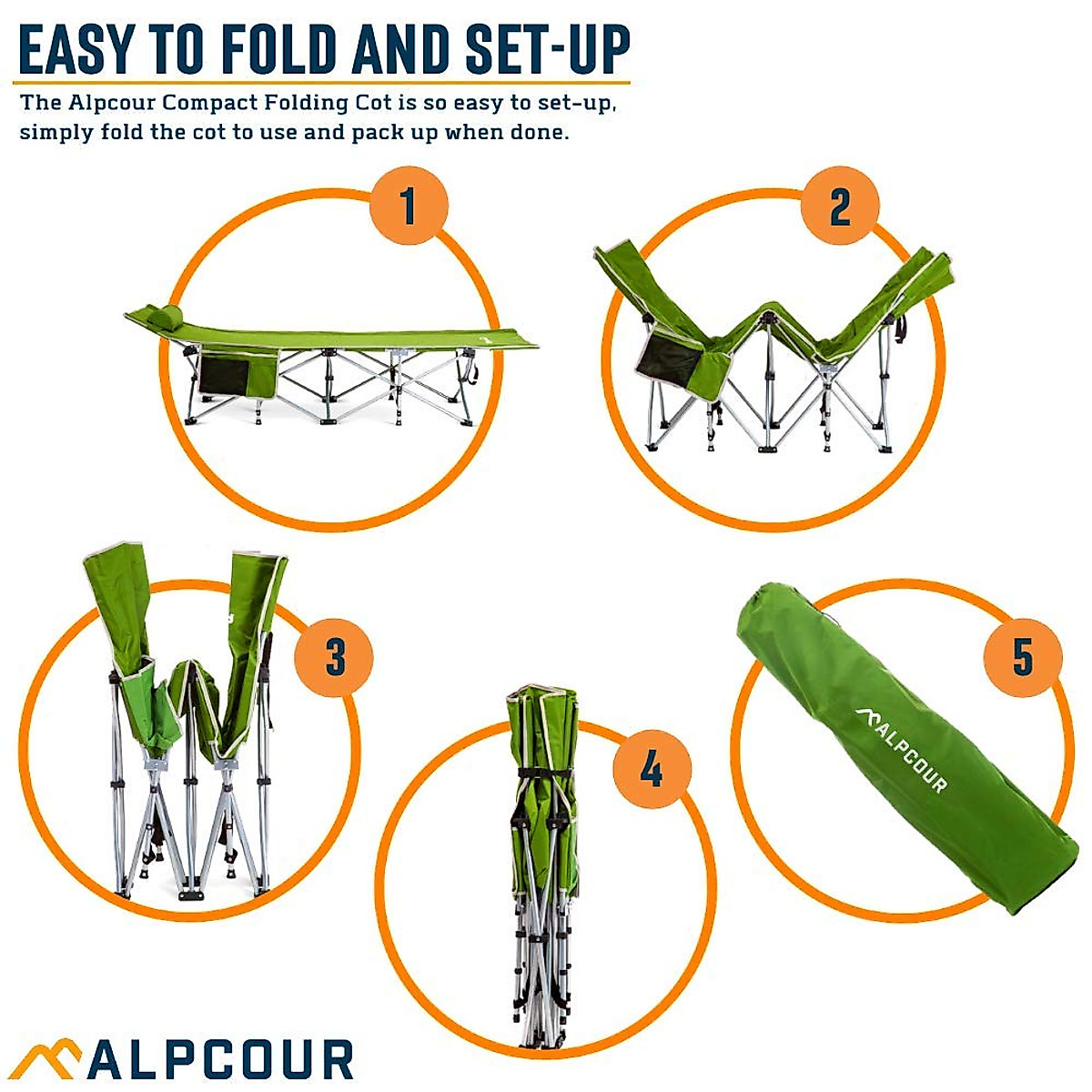 Alpcour Folding Camping Cot – Deluxe Collapsible Single Person Bed in a Bag w/Pillow for Indoor & Outdoor Use – Ultra Lightweight, Comfortable, Heavy Duty Design Holds Adults & Kids Up to 300 Lbs