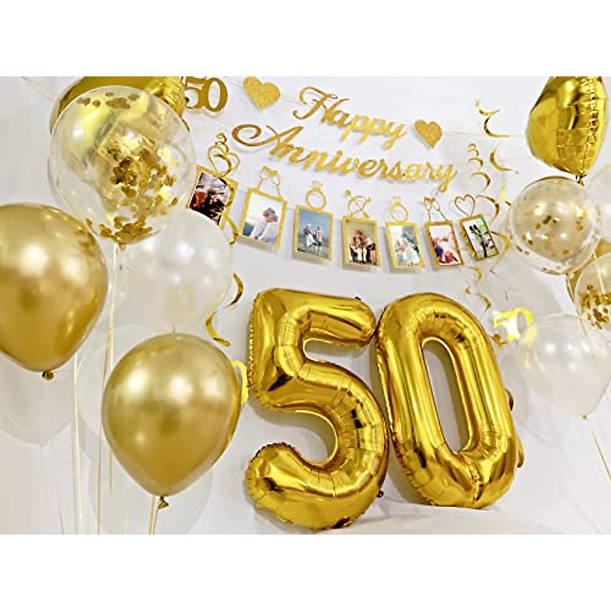 50th Anniversary Decorations Party Supplies Set of Happy Anniversary Photo Banner and Balloons,Hanging Swirls for 50 year Wedding Anniversary decor(Gold)