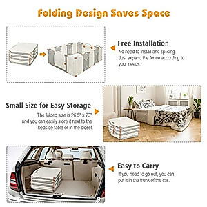 Costzon Baby Playpen, 16-Panel Foldable Baby Fence w/Locking Gate, Non-Slip Rubber Bases, Adjustable Shape, Portable Baby Play Yards Design for Indoor Outdoor Use (Beige + Gray, 16-Panel)