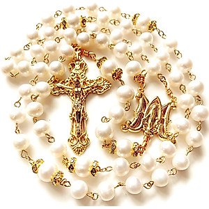 elegantmedical HANDMADE CATHOLIC GLOD 8MM REAL PEARL PEARL BEADS NECKLACE 5 DECADE ROSARY & CROSS CRUCIFIX BOX