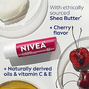 NIVEA Cherry Lip Care, Tinted Lip Balm Pack with Shea Butter, Nourishing Oils and Vitamin C & E, 3-in-1 Moisture, Repair and Color, 0.17 Oz Stick, Pack of 4