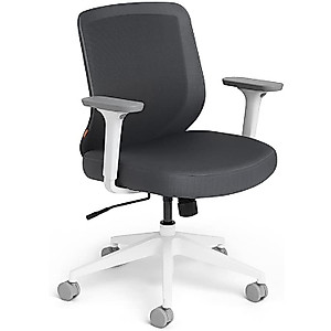 Poppin Mid Back Max Task Chair - Dark Gray Cushions + White Frame, Curvy Mesh Backrest, Adjustable Recliner, Armrest and Height Settings, 5 Caster Wheels for Easy Movement