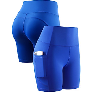 CADMUS High Waist Yoga Shorts for Women Workout Running Shorts Naked Feeling Biker Shorts Tummy Control Deep Pockets, Blue, S