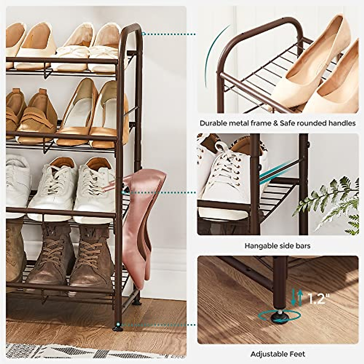 SONGMICS Stackable Shoe Rack, 4 Tier Metal Shoes Rack Storage Shelf, Holds up to 20 Pairs Shoes, Adjustable Slanted Shelves Shoe Tower Organizer for Closet Entryway Small Spaces, Bronze