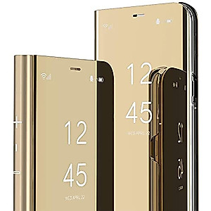 CCasualL Compatible for Oppo Reno2 Z Case 6.53 inch Electroplating Mirror Design Bracket Clear Vision Flip-Book Style Mirror Makeup PU Shockproof Protective Cover-Gold