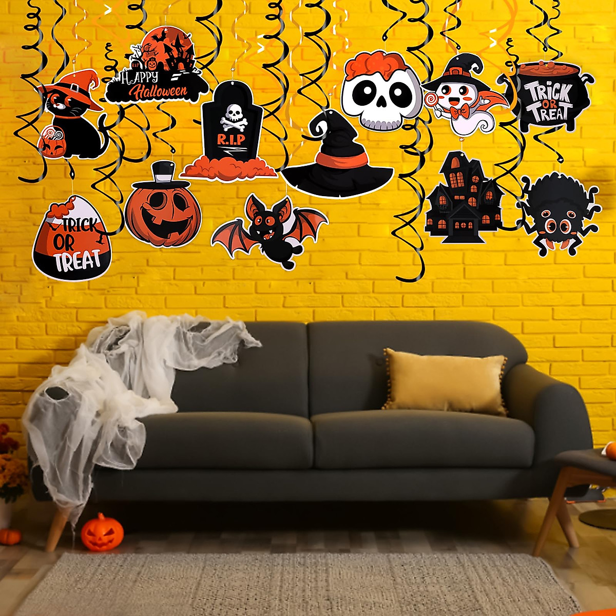 KIMOBER 36PCS Halloween Hanging Swirls Decorations,Black Orange Double Sided Swirl Hanging Decor for Halloween Trick or Treat Party Decoracion