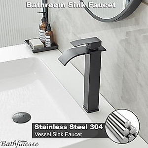 Bathfinesse Vessel Sink Faucet Waterfall Bathroom Faucet Matte Black Stainless Steel Tall Single Handle One Hole Deck Mount Bowl Vanity Sink Faucet with Pop-up Drain Stopper